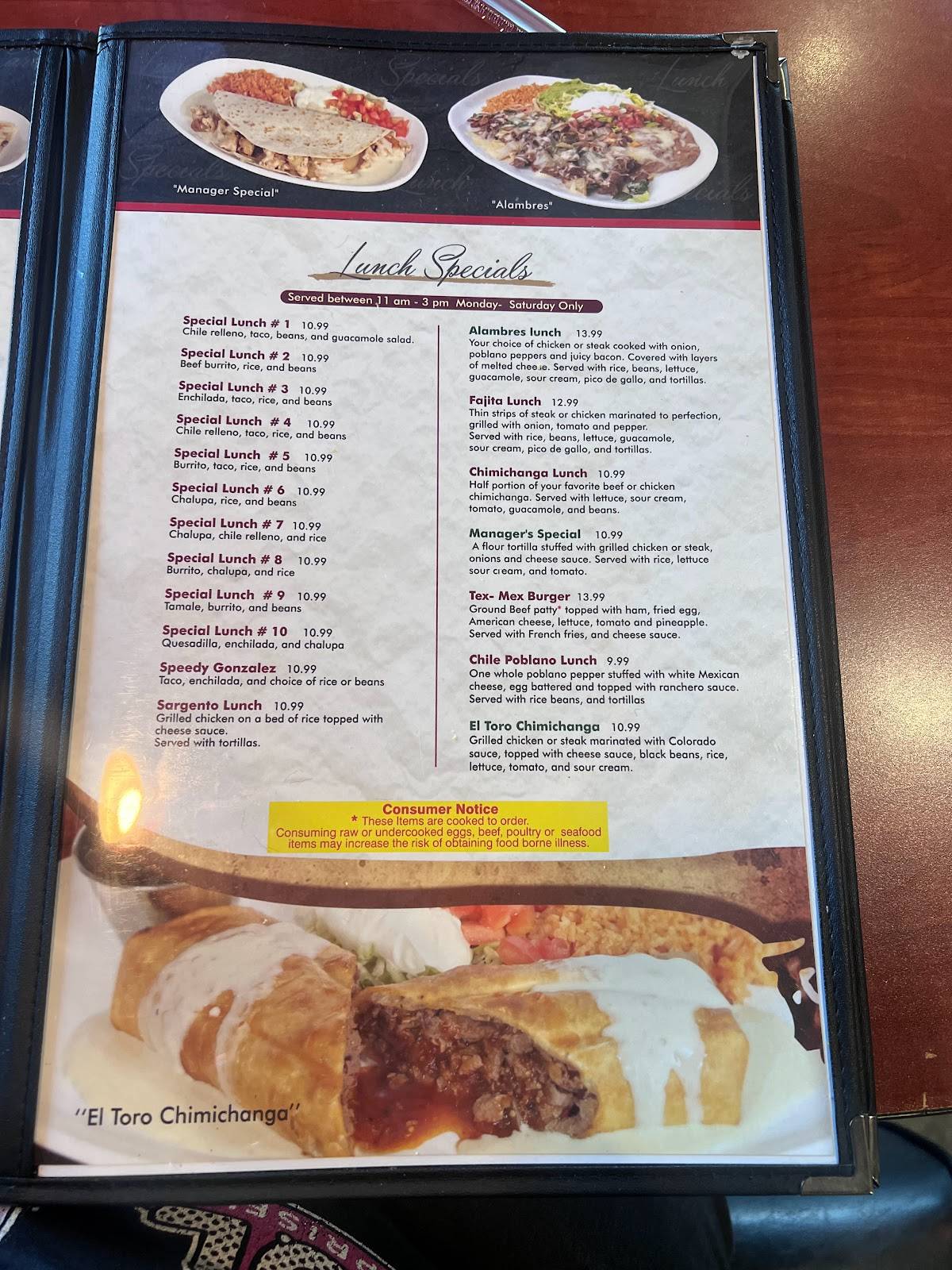 Menu at El Toro at the Fields restaurant, Champaign