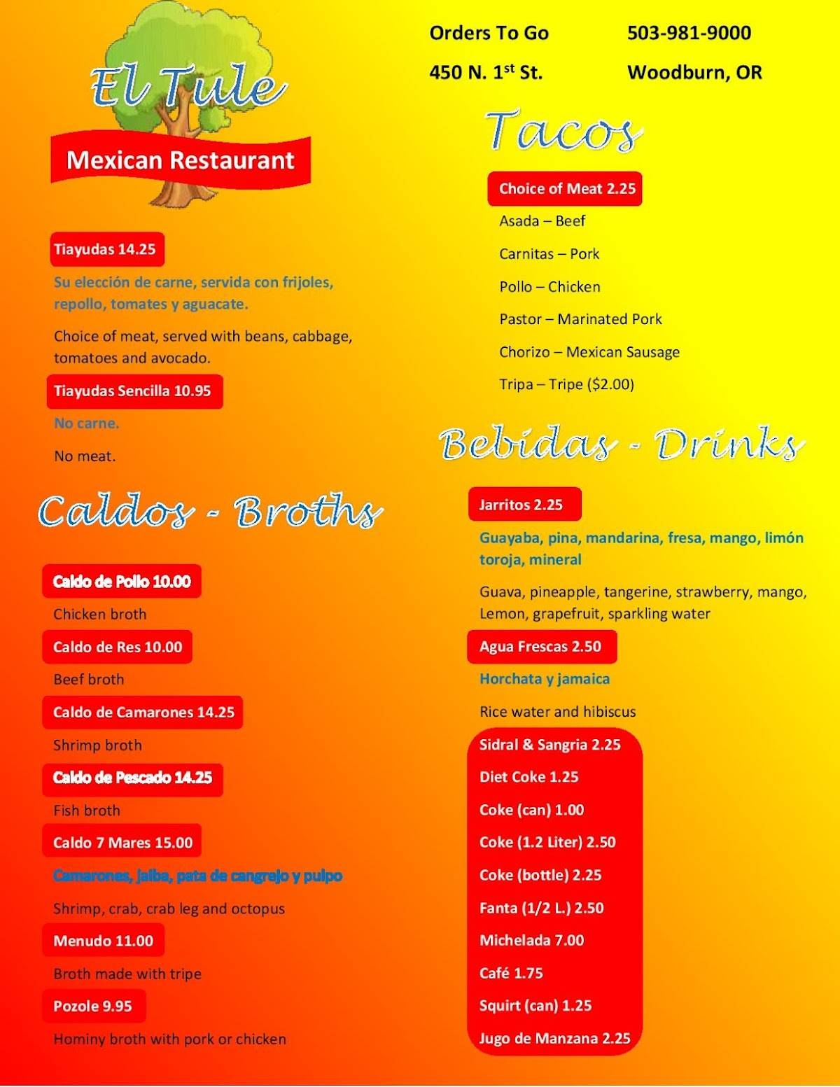 Menu at El Tule Taqueria restaurant, Woodburn