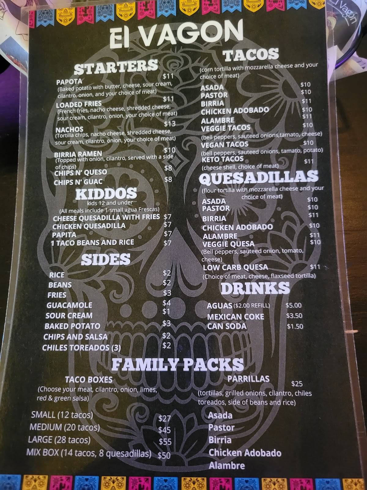Menu at El Vagon Tacos restaurant, Las Cruces