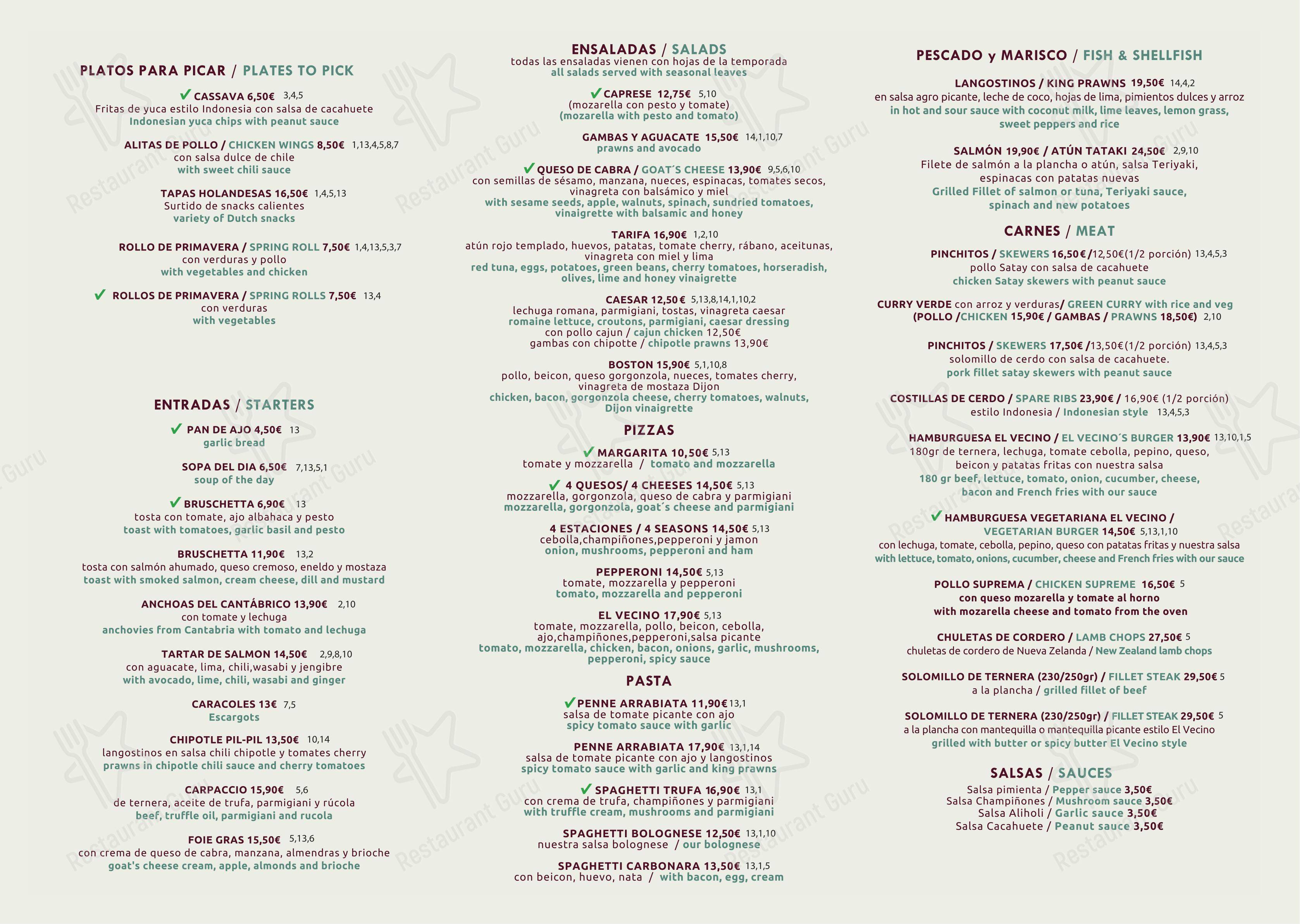 Menu at El Vecino restaurant, San Pedro de Alcántara