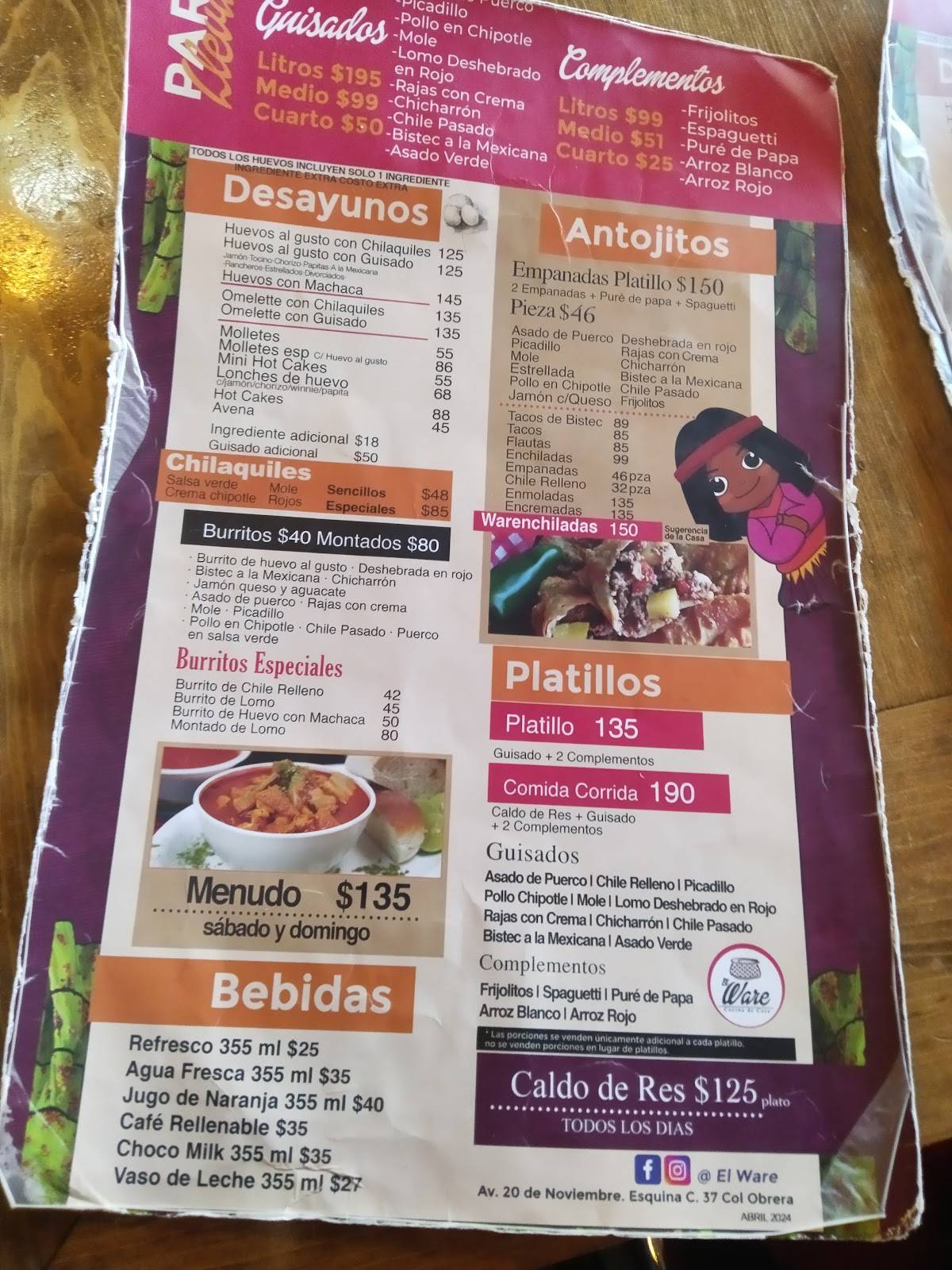 Carta del restaurante El Ware, Chihuahua
