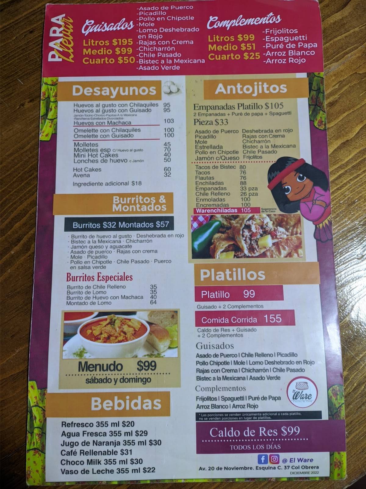 Carta del restaurante El Ware, Chihuahua