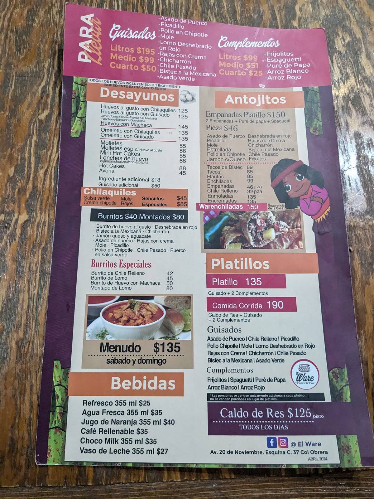 Carta del restaurante El Ware, Chihuahua