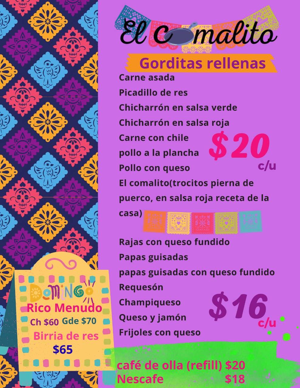Menu at El comalito, gorditas rellenas a la plancha restaurant, Tepic