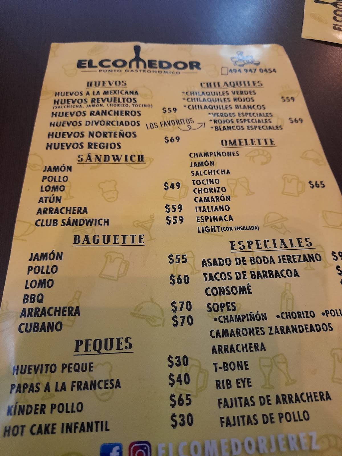 Menu at El comedor restaurant, Jerez de García Salinas