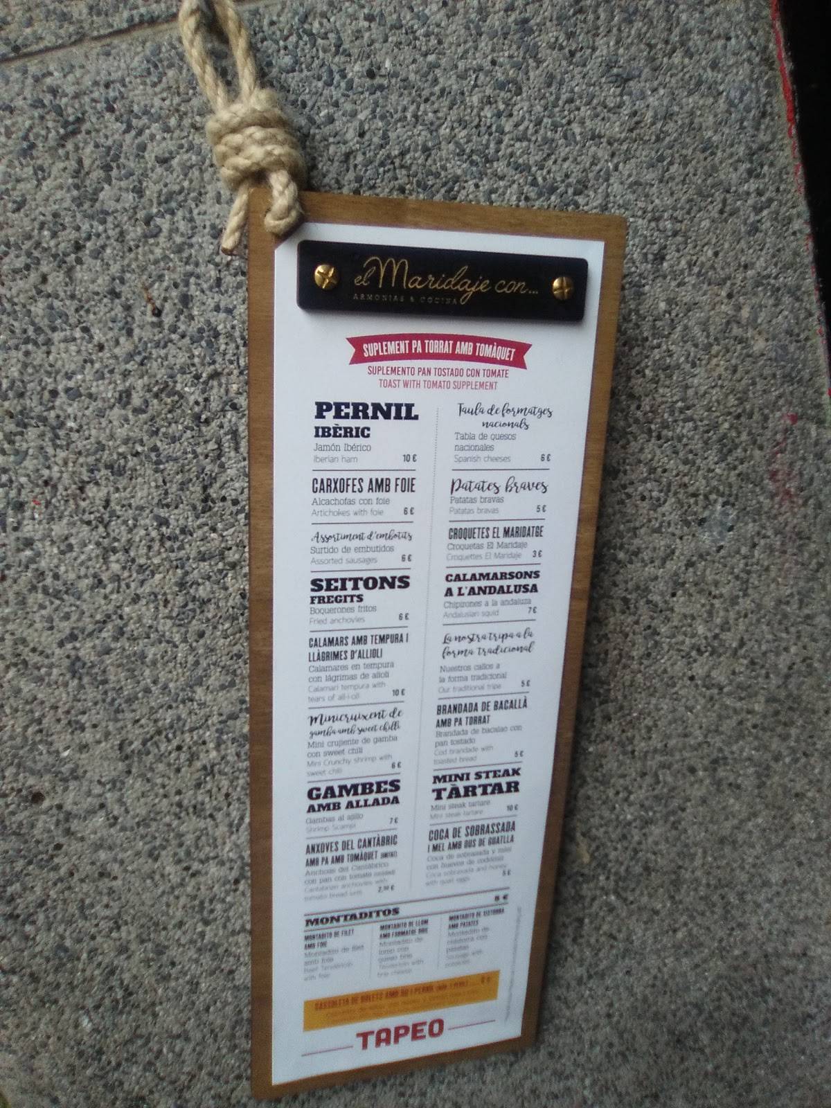 Carta del pub y bar El maridaje con..., Barcelona