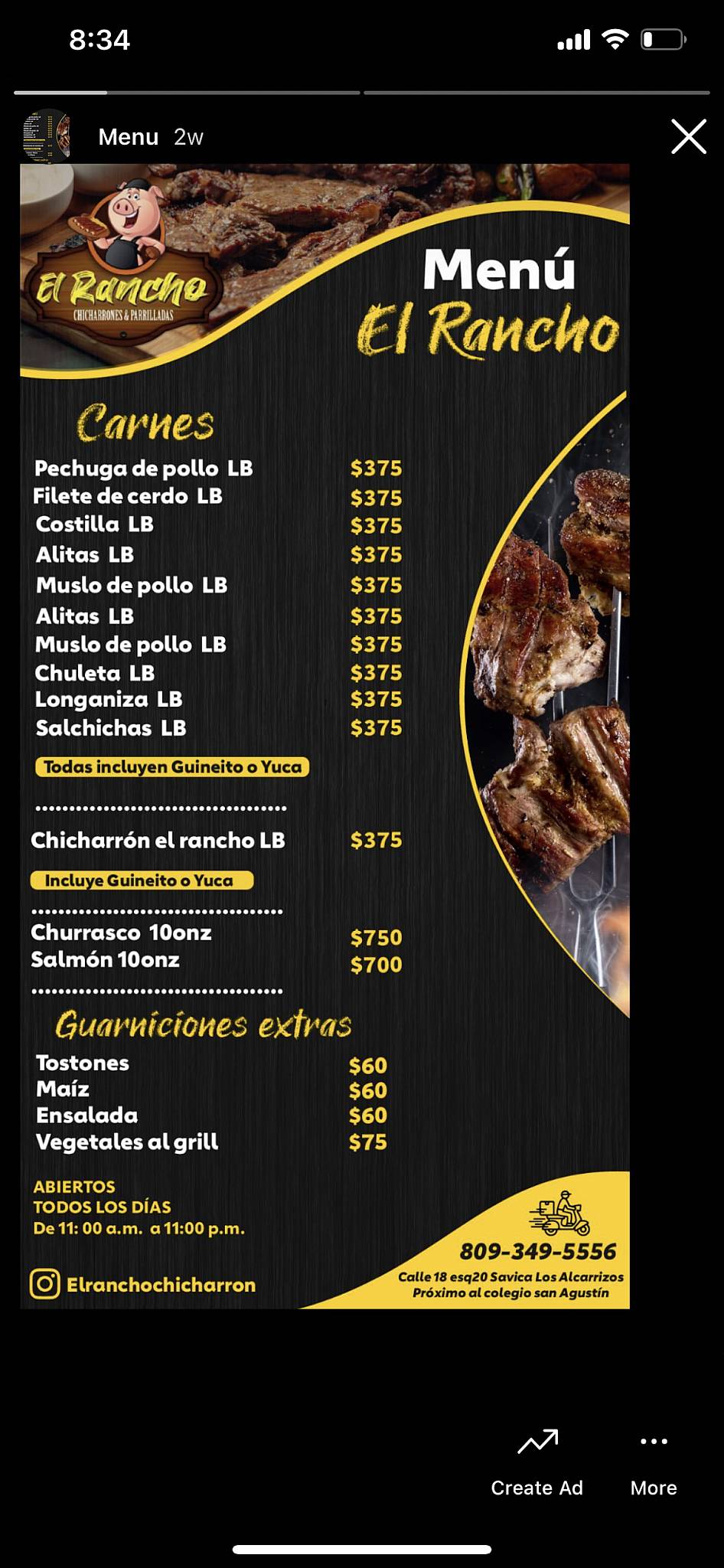 Carta de El Rancho Chicharrón y Parrilladas, Santo Domingo