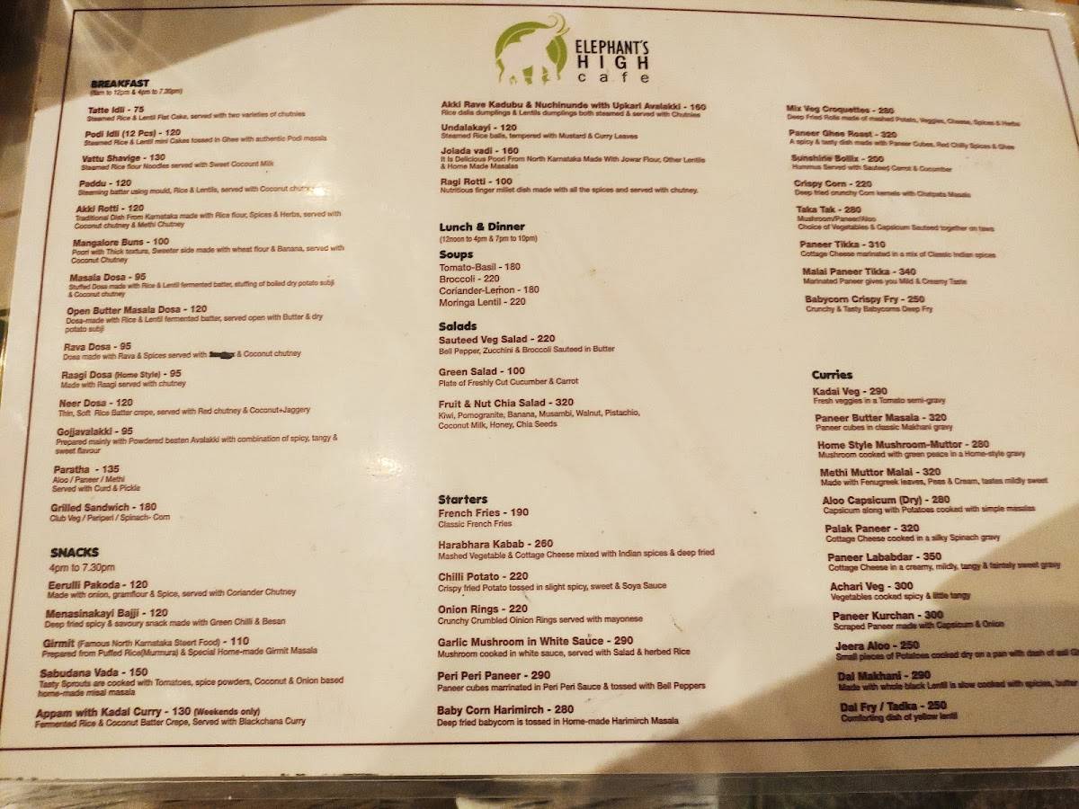 Menu at Elephant's High cafe, Bengaluru, Ragi to Raga