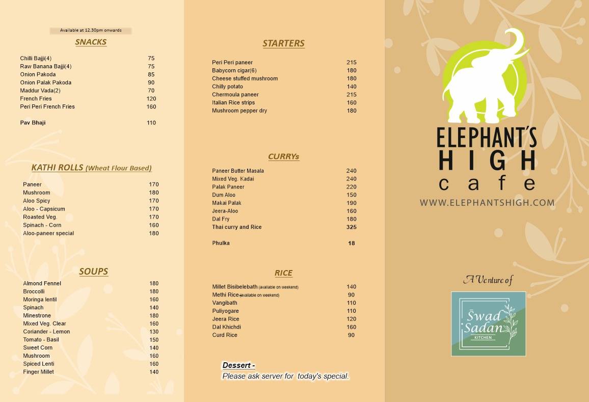 Menu at Elephant's High cafe, Bengaluru