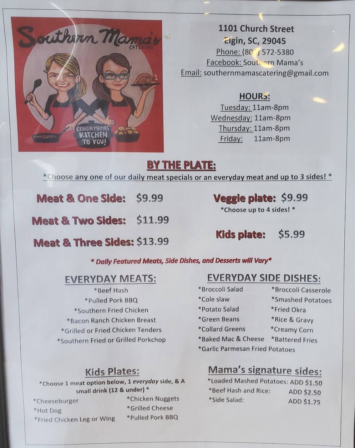 Menu at Southern Mama's restaurant, Elgin