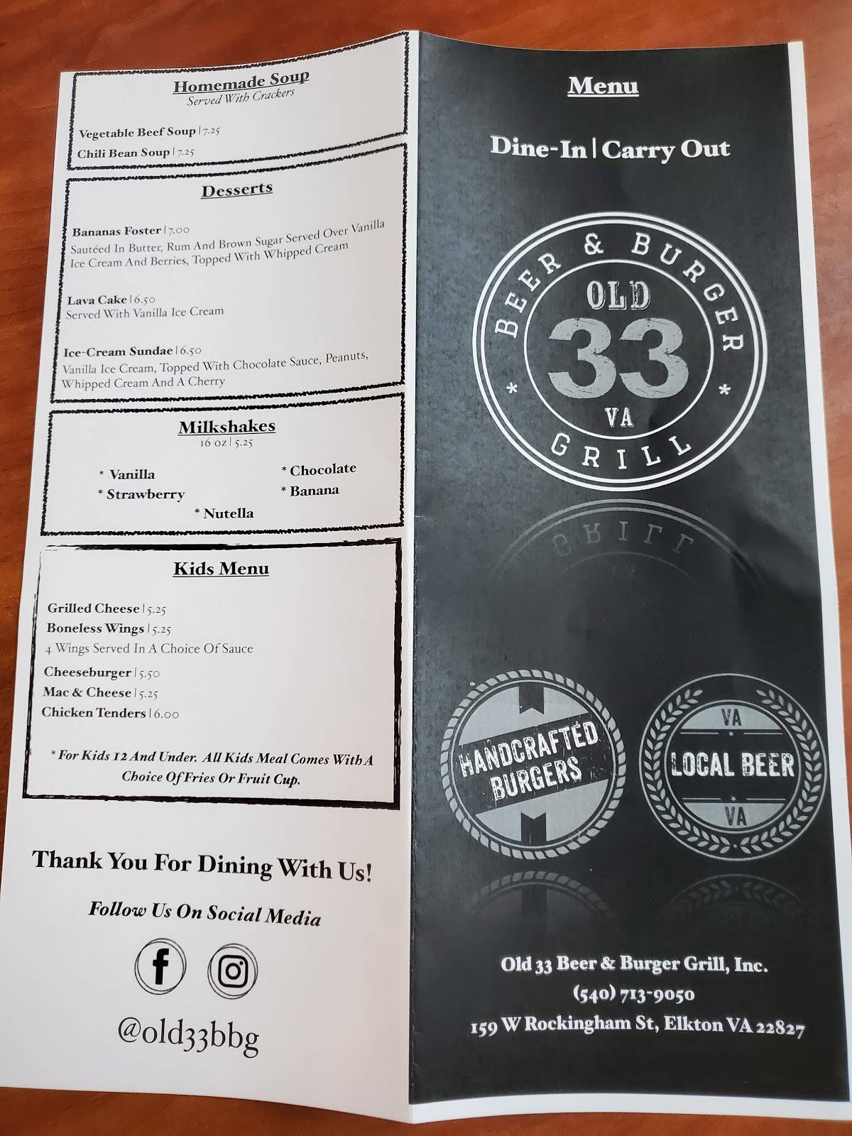 Menu at Old 33 Beer & Burger Grill, Inc. pub & bar, Elkton