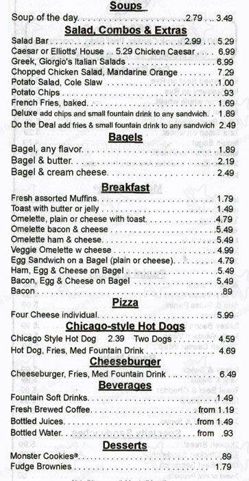 Menu at Elliott's Off Broadway Deli restaurant, Chicago, Golf Rd