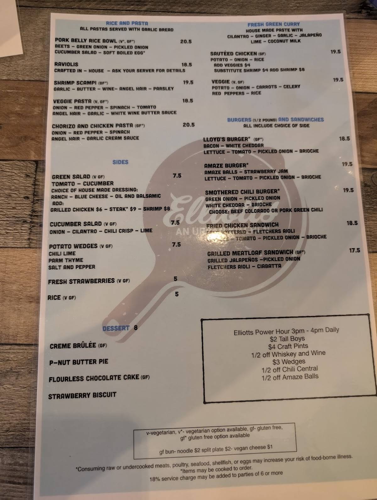 Menu at Elliotts an urban kitchen restaurant, Spokane