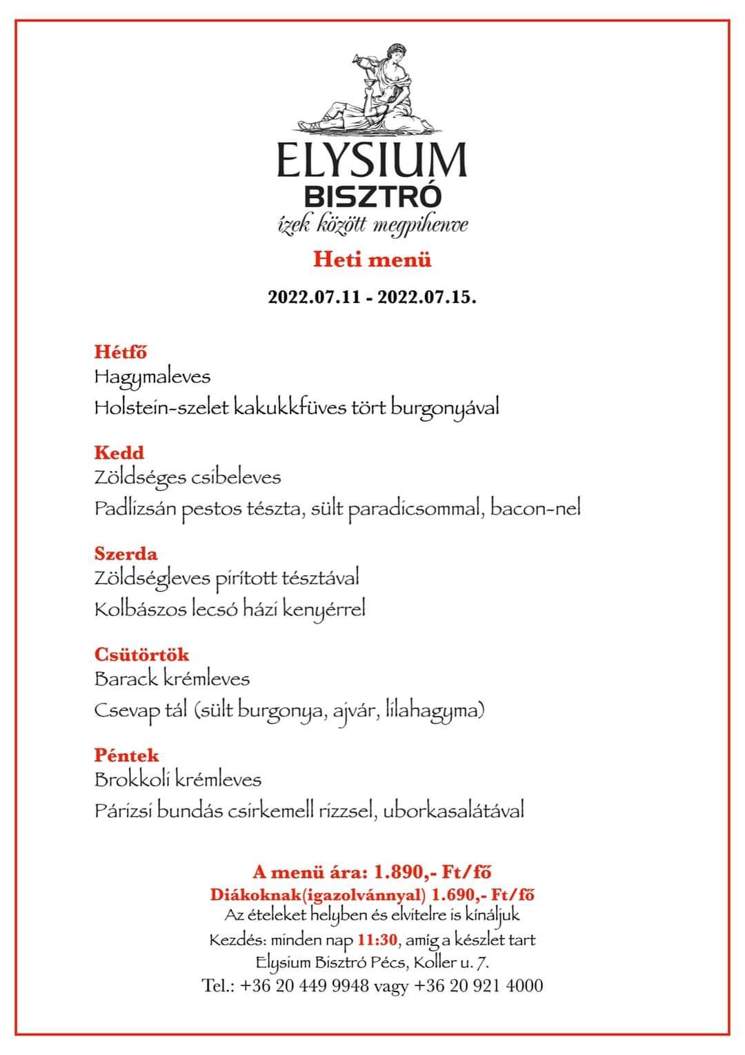Menu at Elysium Bisztró restaurant, Pécs