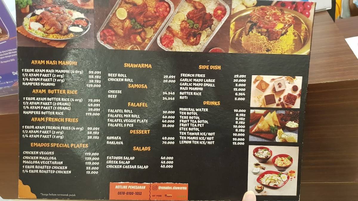 Menu at Emado's Shawarma restaurant, Surabaya, PM33+GV2