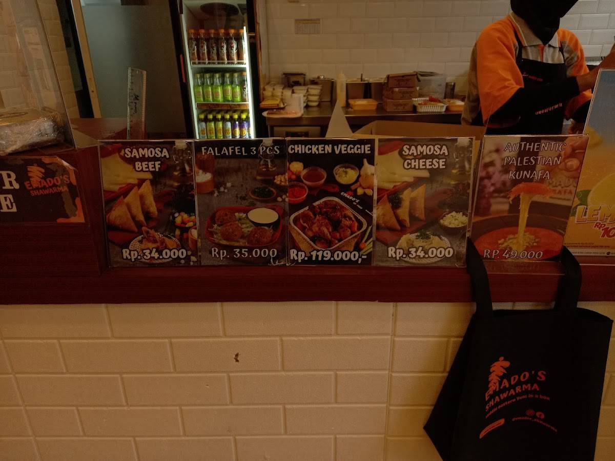 Menu at Emado's Shawarma restaurant, Surabaya, PM33+GV2