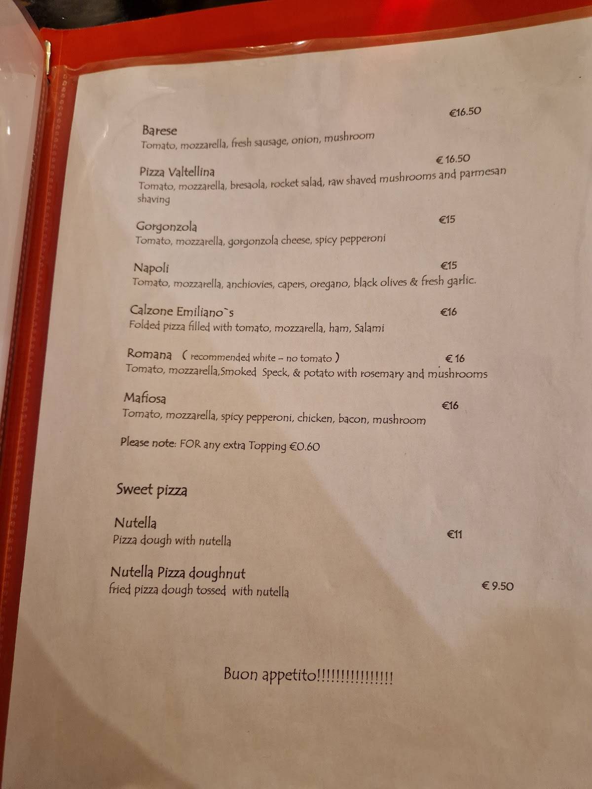 Menu at Emiliano's restaurant, Waterford