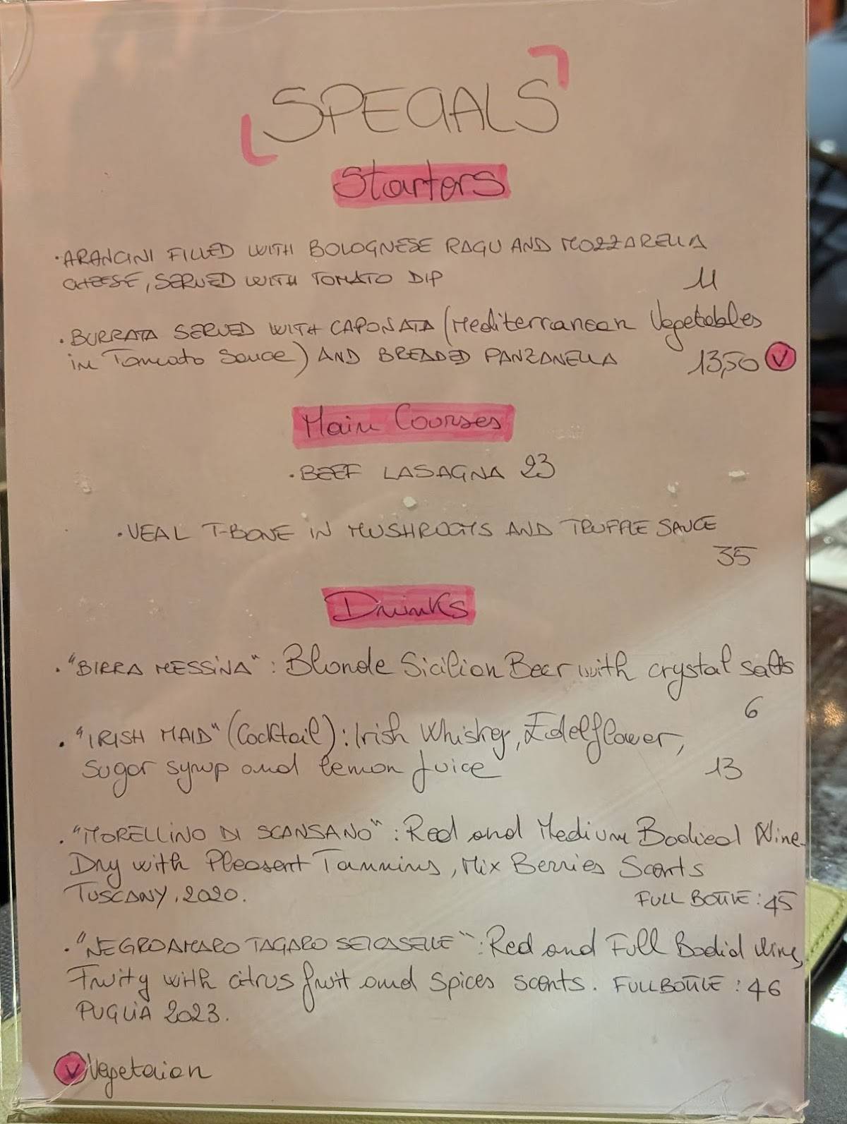 Menu at Emiliano's Restaurant, Waterford