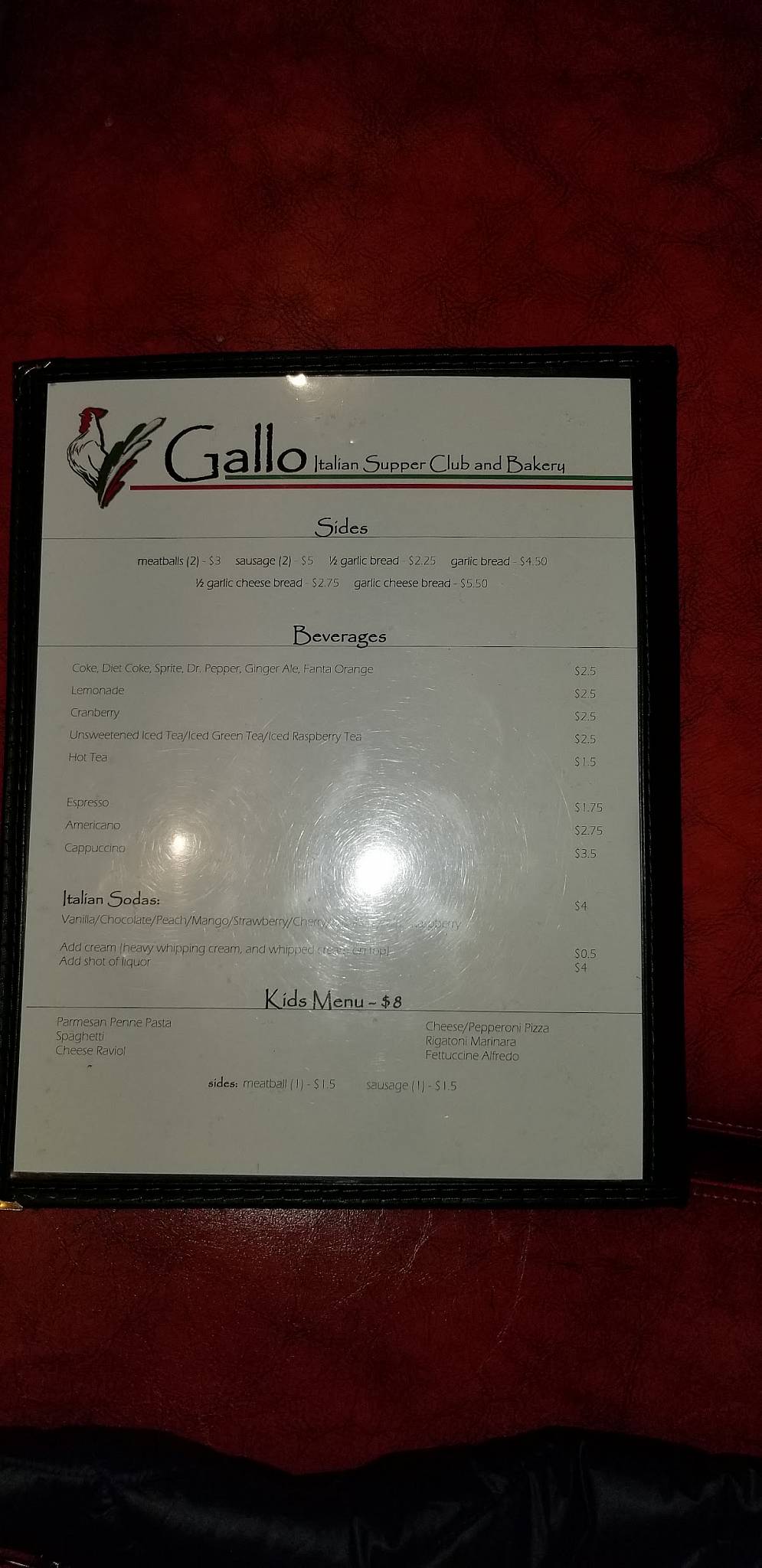 Menu at Gallo Italian Supper Club and Bakery, Englewood