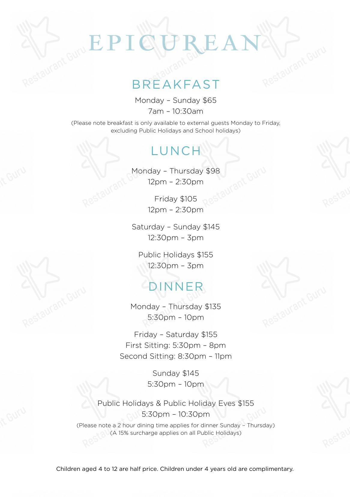 Menu at Epicurean restaurant, Barangaroo, Crown Sydney
