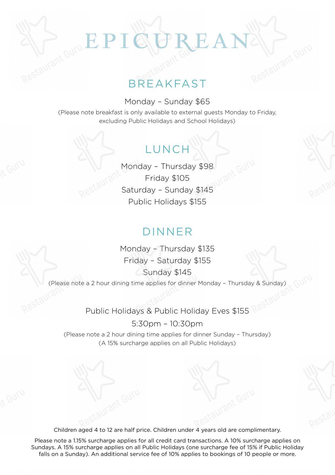 Menu at Epicurean restaurant, Barangaroo, Crown Sydney