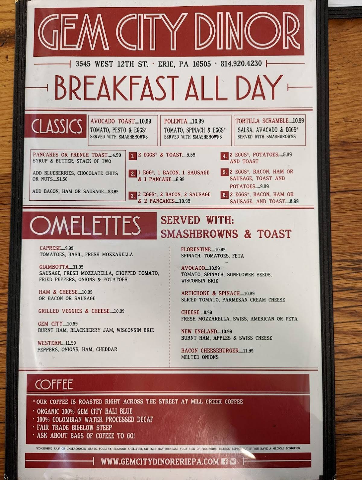 Menu at Gem City Dinor restaurant, Erie