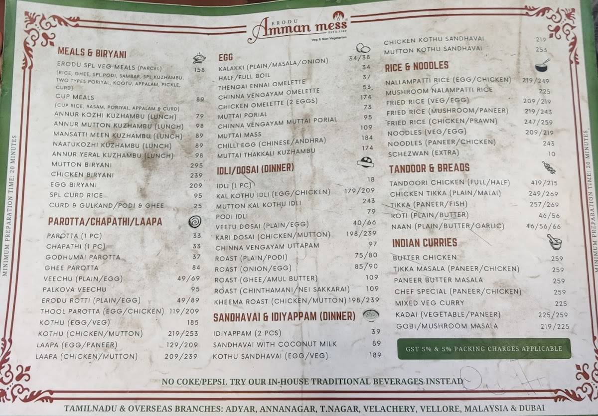 Menu at Erode Amman Mess, Chennai, Police Station