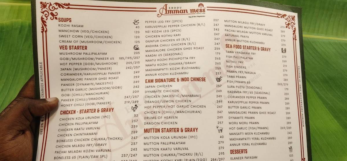 Menu at Erode Amman Mess, Chennai, Police Station