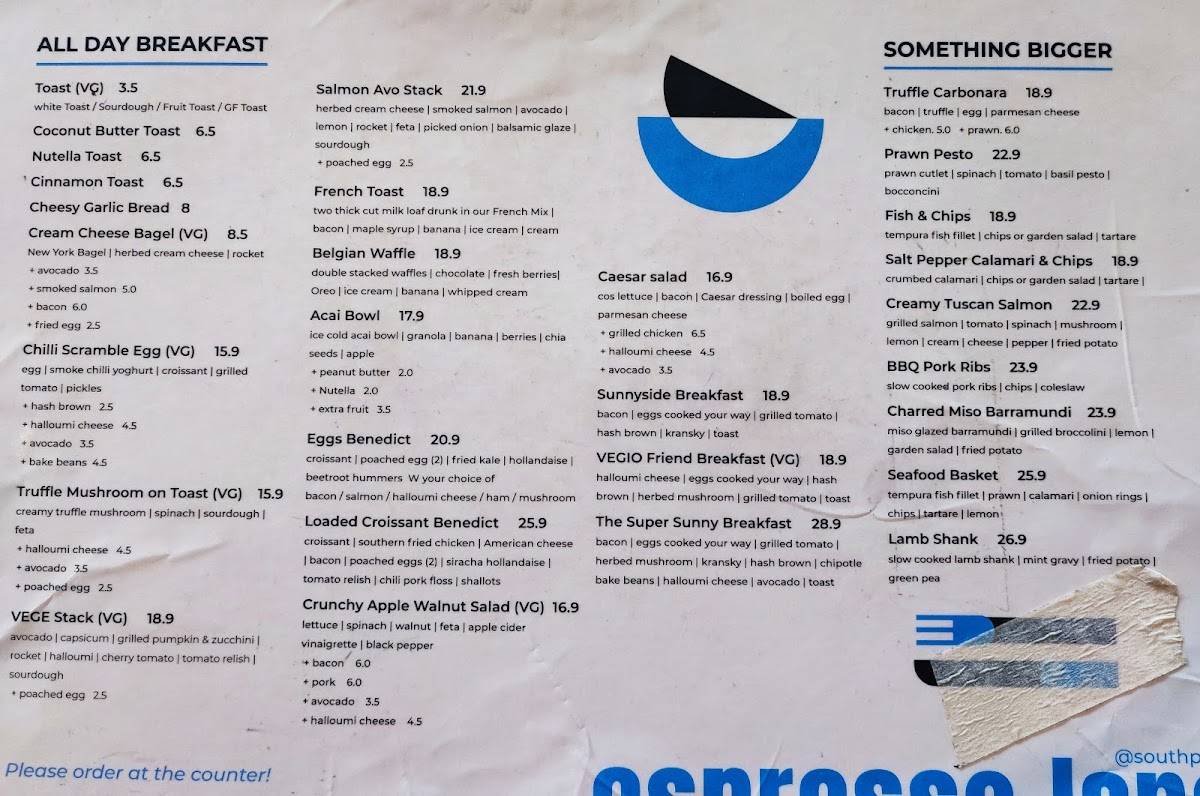 Menu at Espresso Lane Cafe, Southport