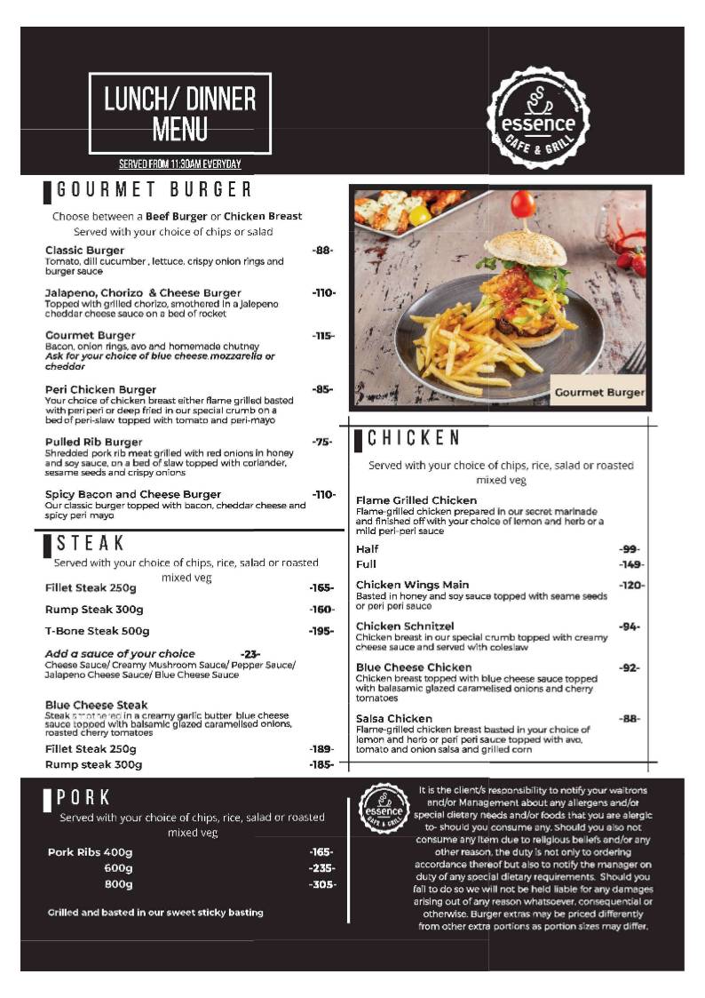 Menu at Essence. restaurant, Pietermaritzburg