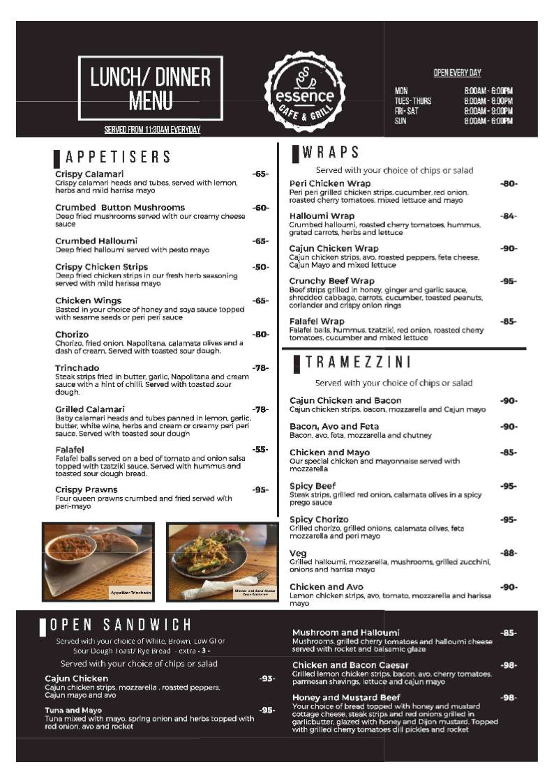 Menu at Essence. restaurant, Pietermaritzburg