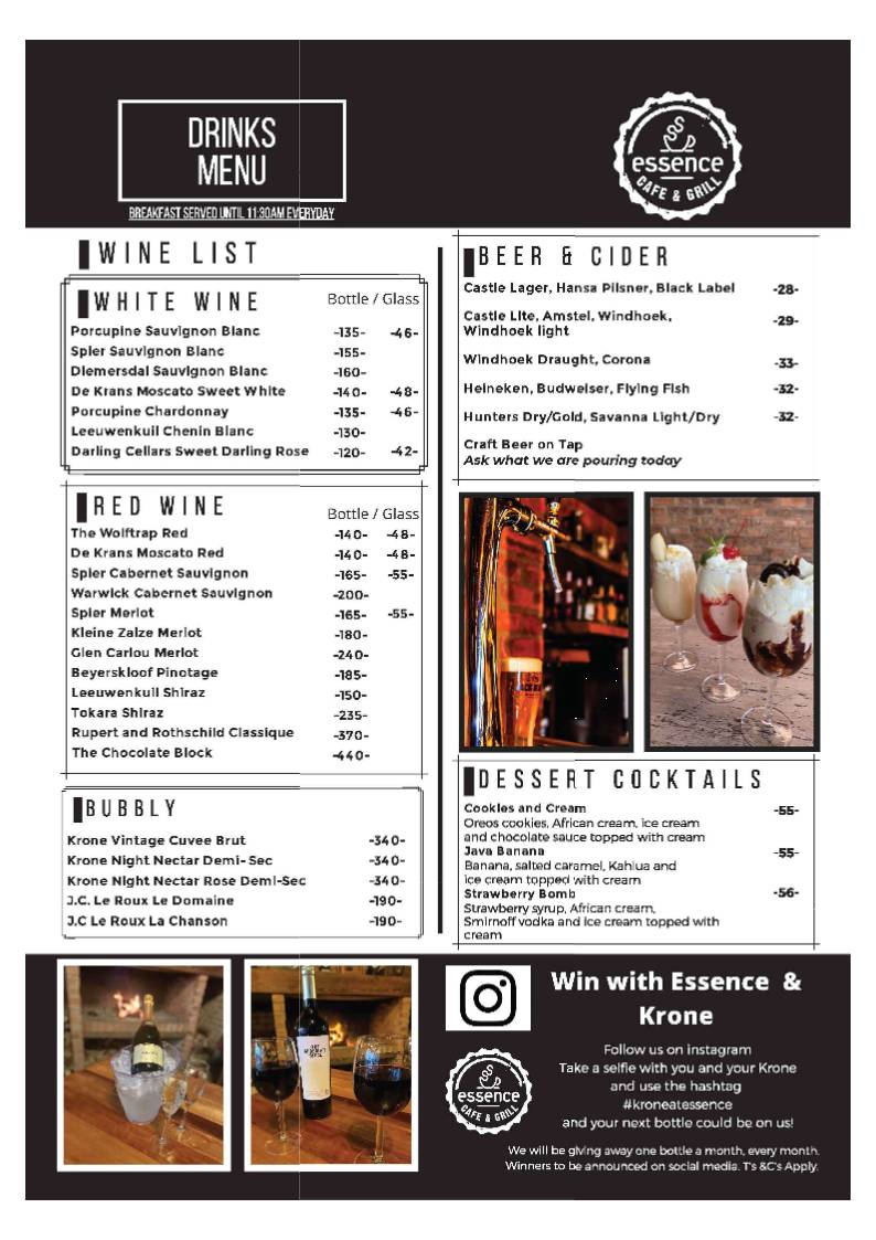 Menu at Essence. restaurant, Pietermaritzburg