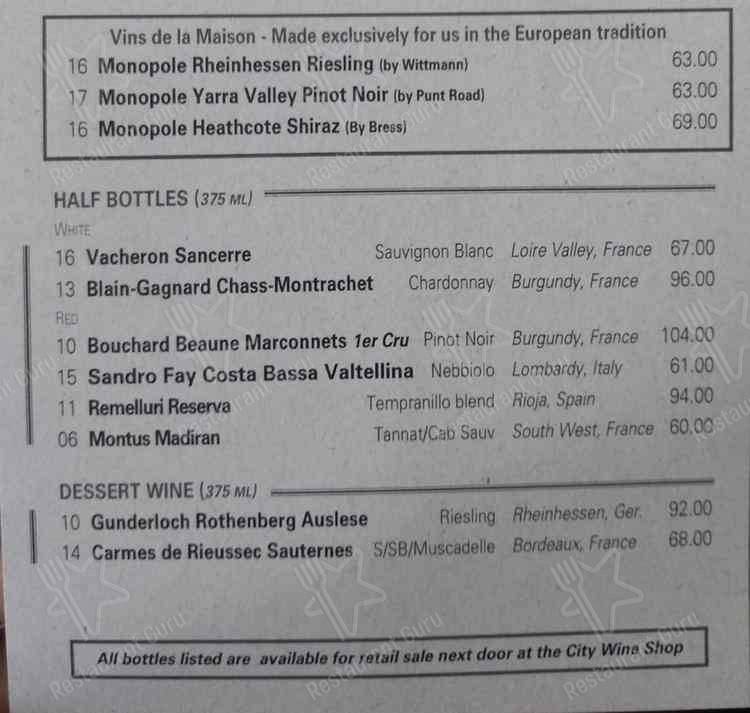 Menu at The European restaurant, Melbourne