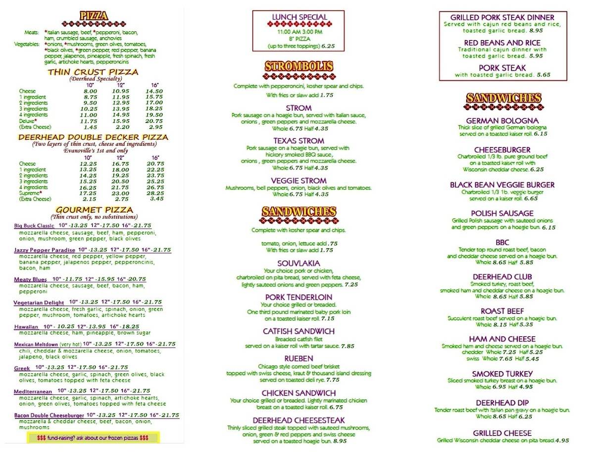 Menu at Deerhead Pizza cafe, Evansville