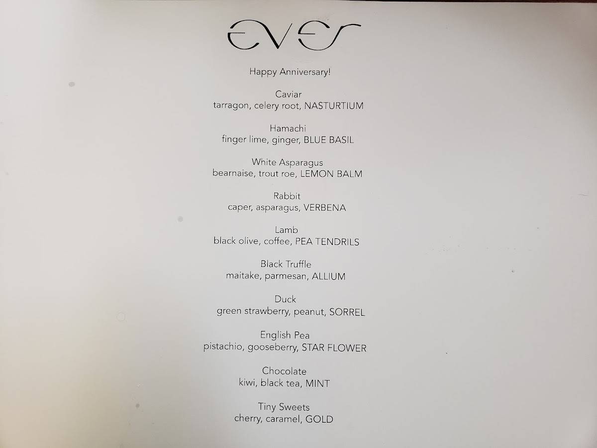 Menu at Ever Restaurant, Chicago