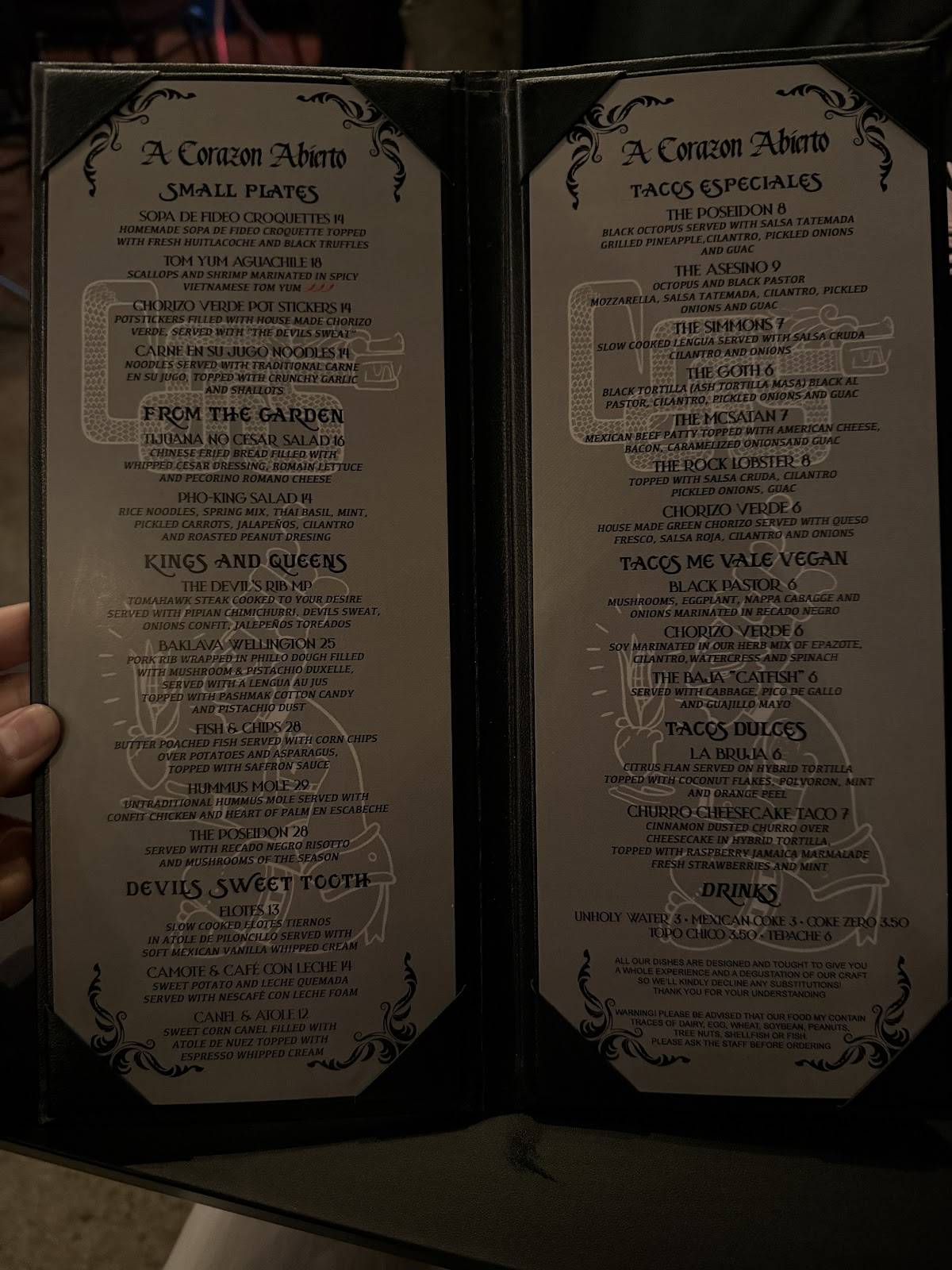 Carta del restaurante Evil Cooks, Los Angeles