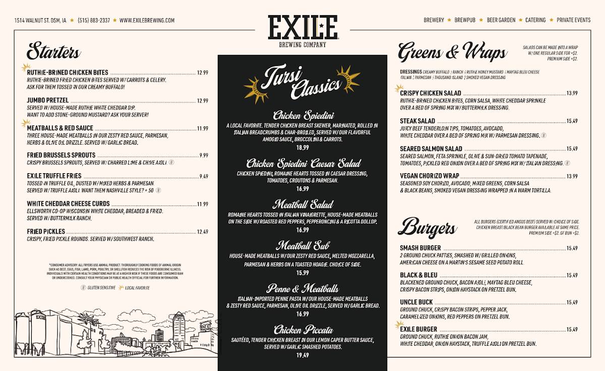 Menu at Exile Brewing Company pub & bar, Des Moines