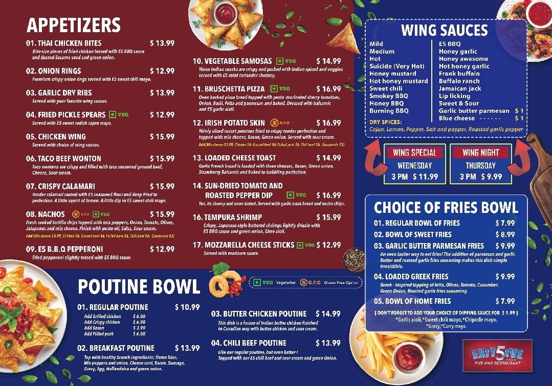 Menu at Exit 5ive Pub & Restaurant, Garlands Crossing