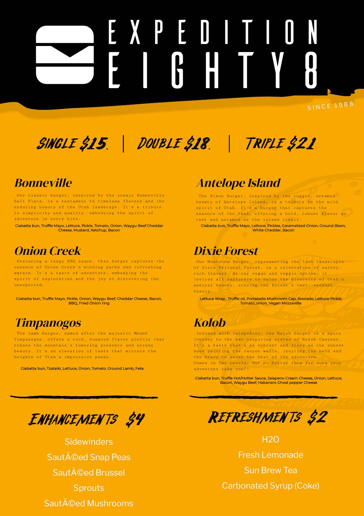 Menu at Expedition Eighty8 restaurant, Moab