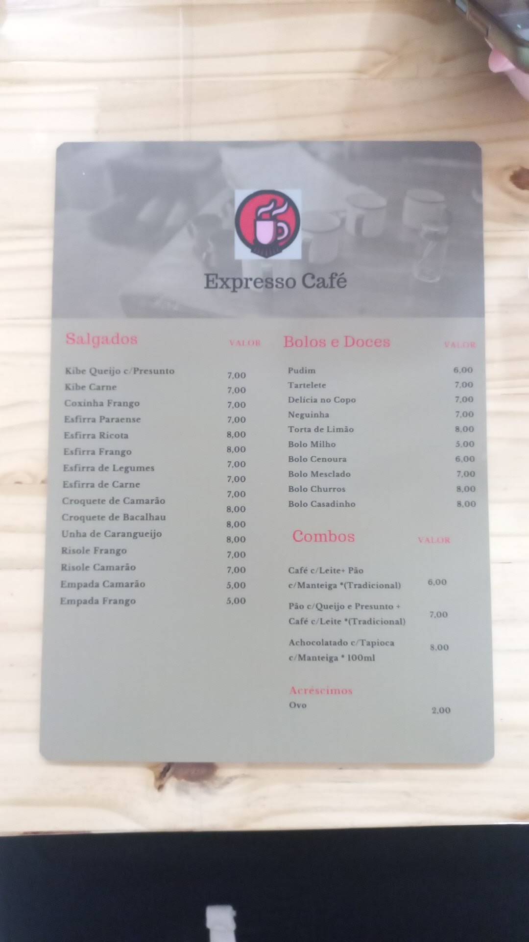 Menu em Expresso Café, Belém