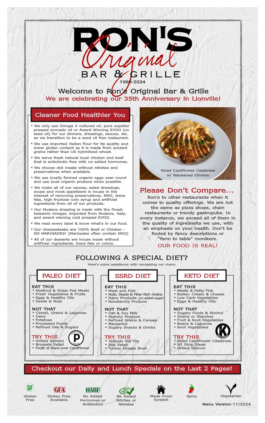 Menu at Ron's Original Bar & Grille, Exton