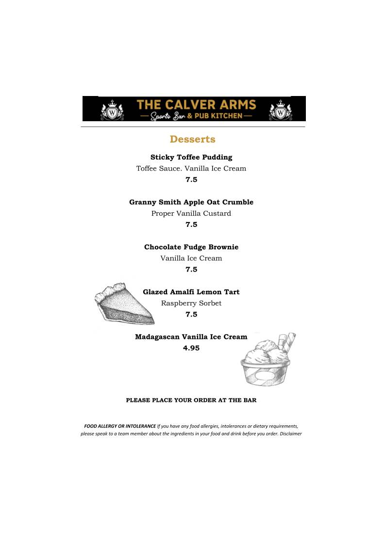 Menu at The Calver Arms pub & bar, Eyam, Peak District National Park