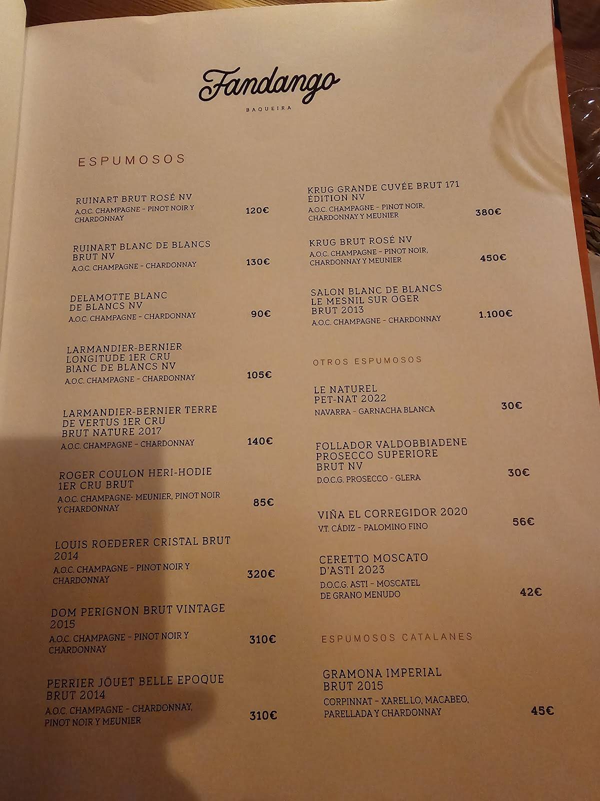 Carta del restaurante FANDANGO, Salardú, Mòla del Salardú