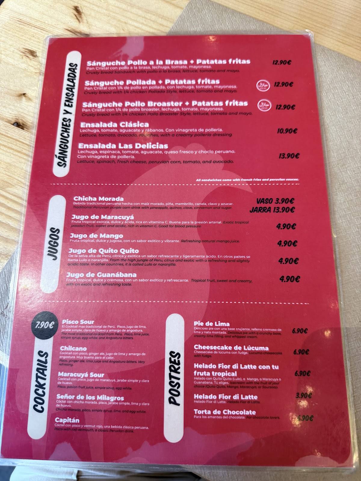 Menu at FIVE CHICKENS restaurant, Seville