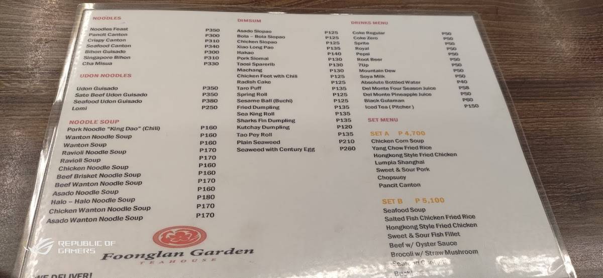 Menu at FOONG LAN GARDEN restaurant, Philippines