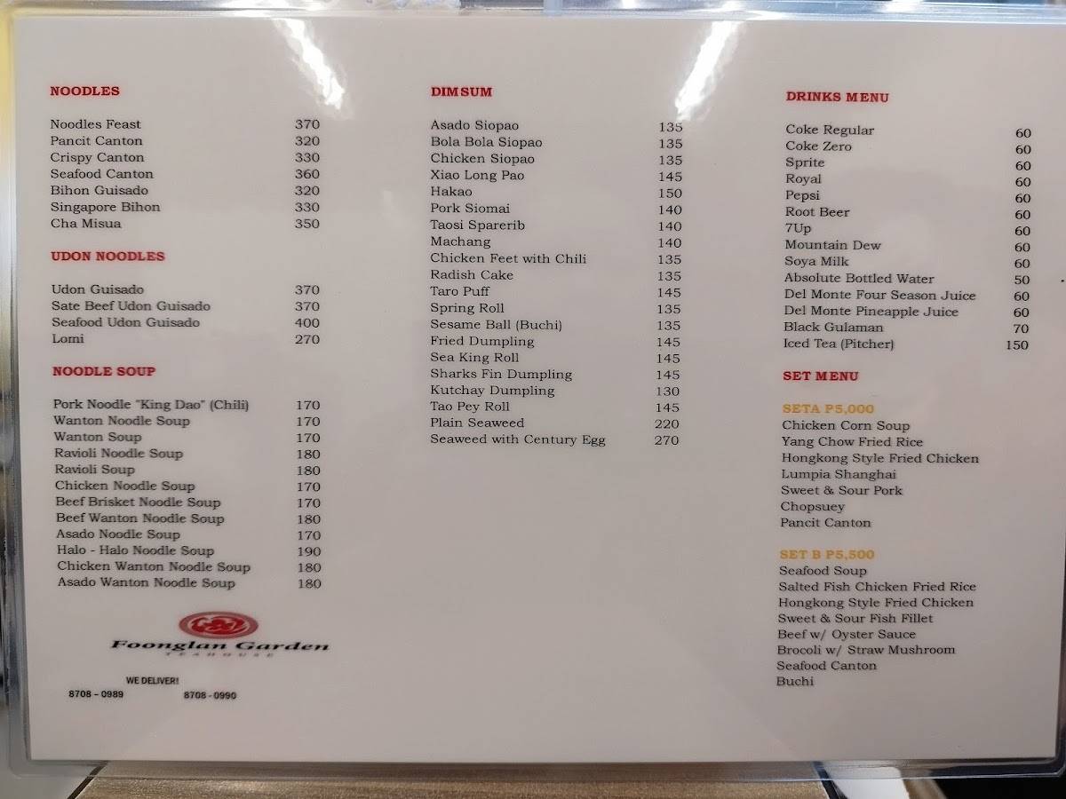 Menu at FOONG LAN GARDEN restaurant, Philippines