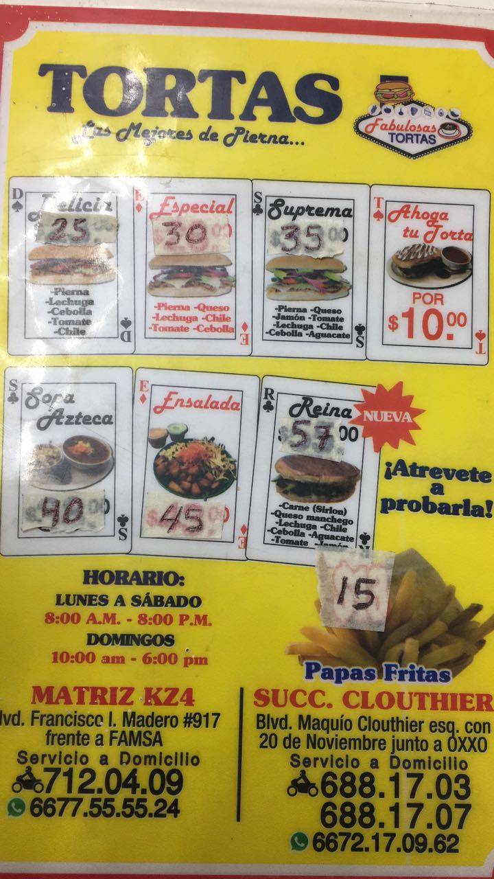 Carta del restaurante Fabulosas tortas, Culiacán Rosales