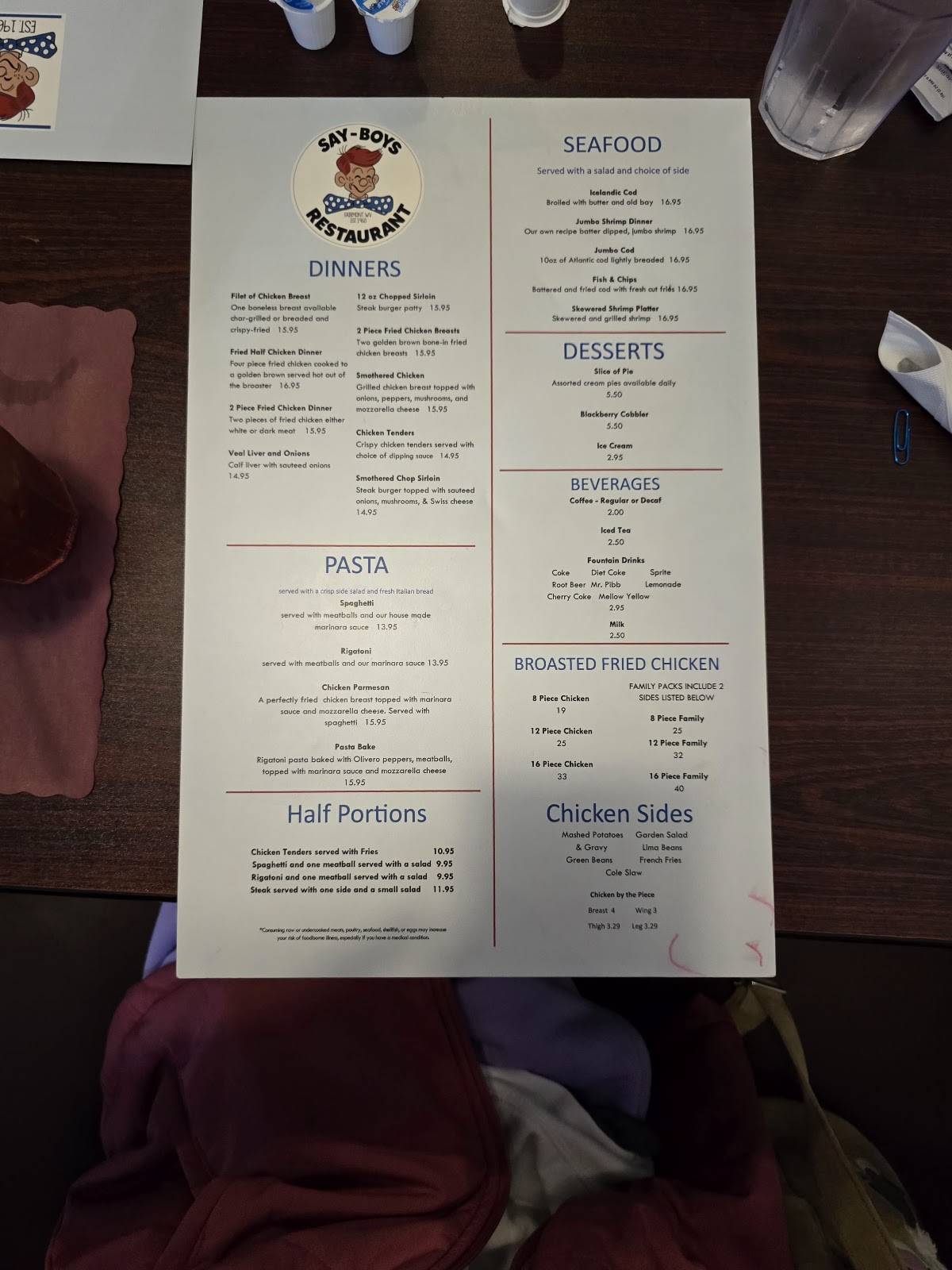 Menu at Say-Boy Restaurant, Fairmont