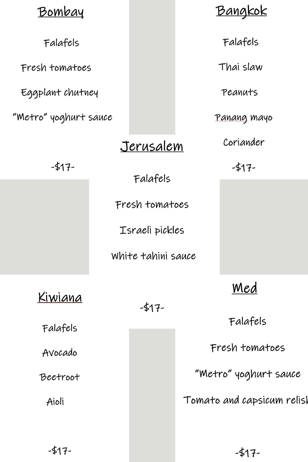 Menu at Falafel Metro restaurant, Tauranga
