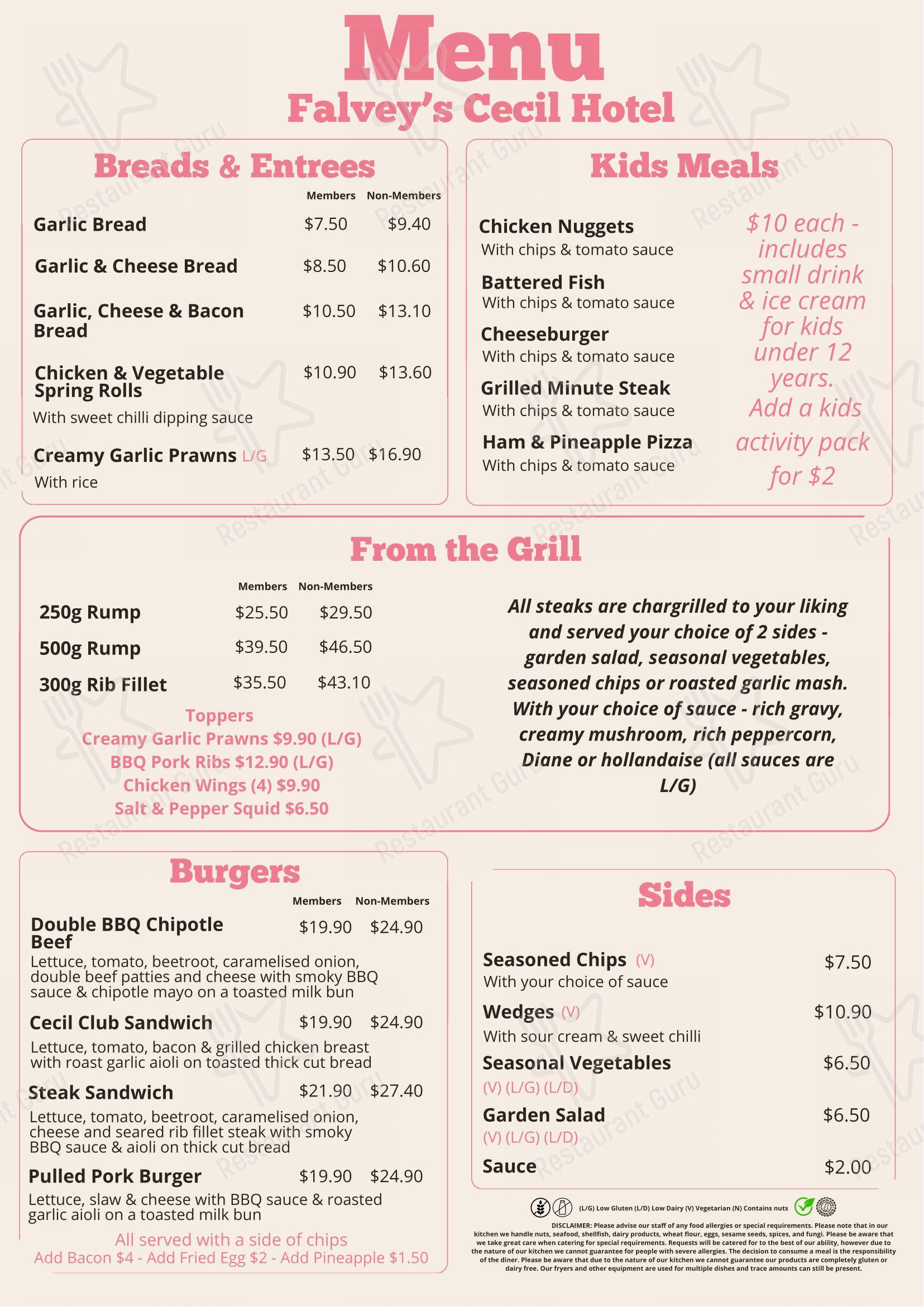 Menu at Falvey's Cecil Hotel restaurant, Goodna